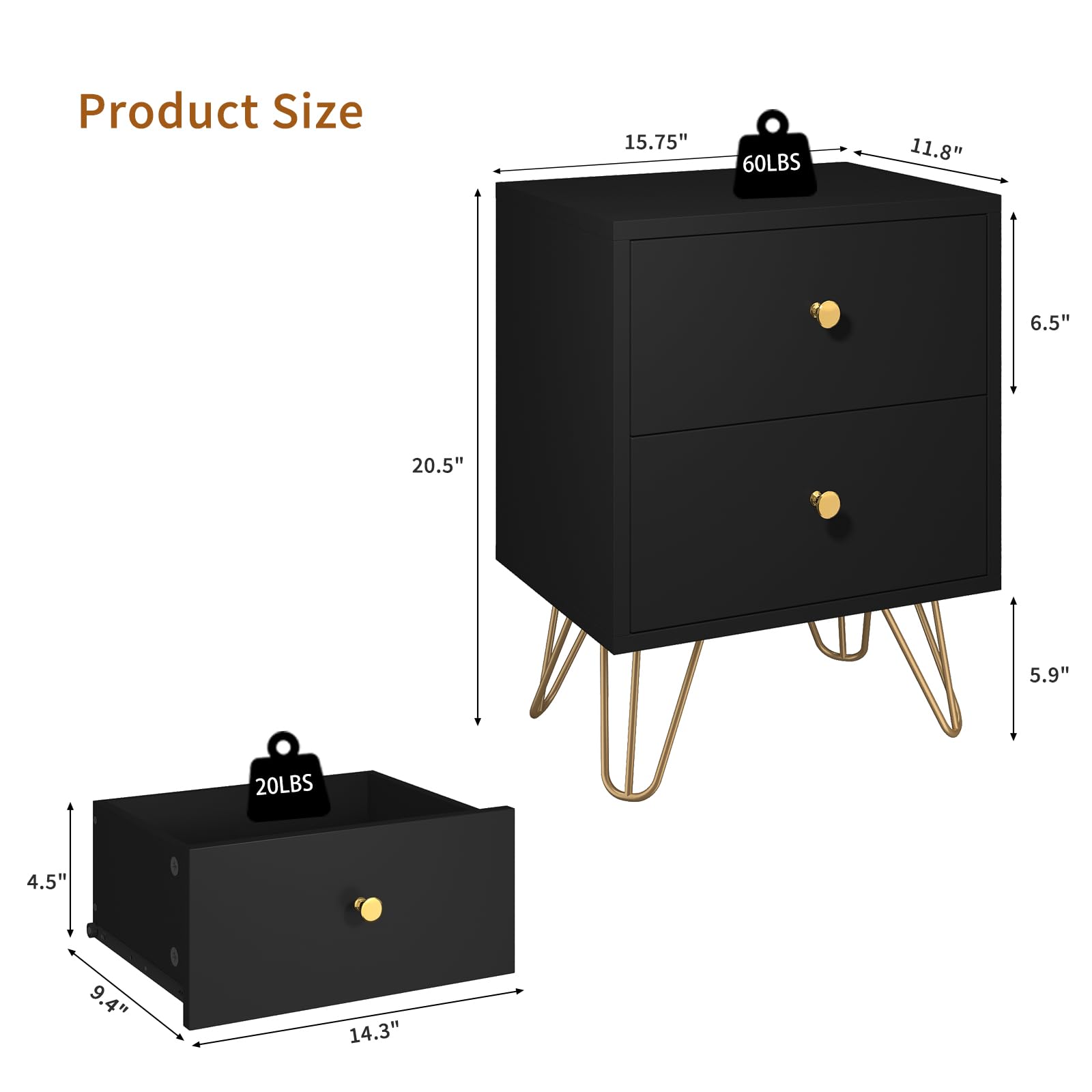 Tradare Black Nightstand Set of 2, Black and Gold Night Stand with 2 Drawers, Modern End Table with Metal Legs and Gold Handles, Bedside Table for Bedroom, Hallway