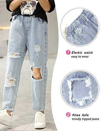 QIBABU Kid Big Girl's Baggy Ripped Jeans Elastic Waist Washed Denim Pants for 8-14 Years(0865-Blue-14Y-QB)