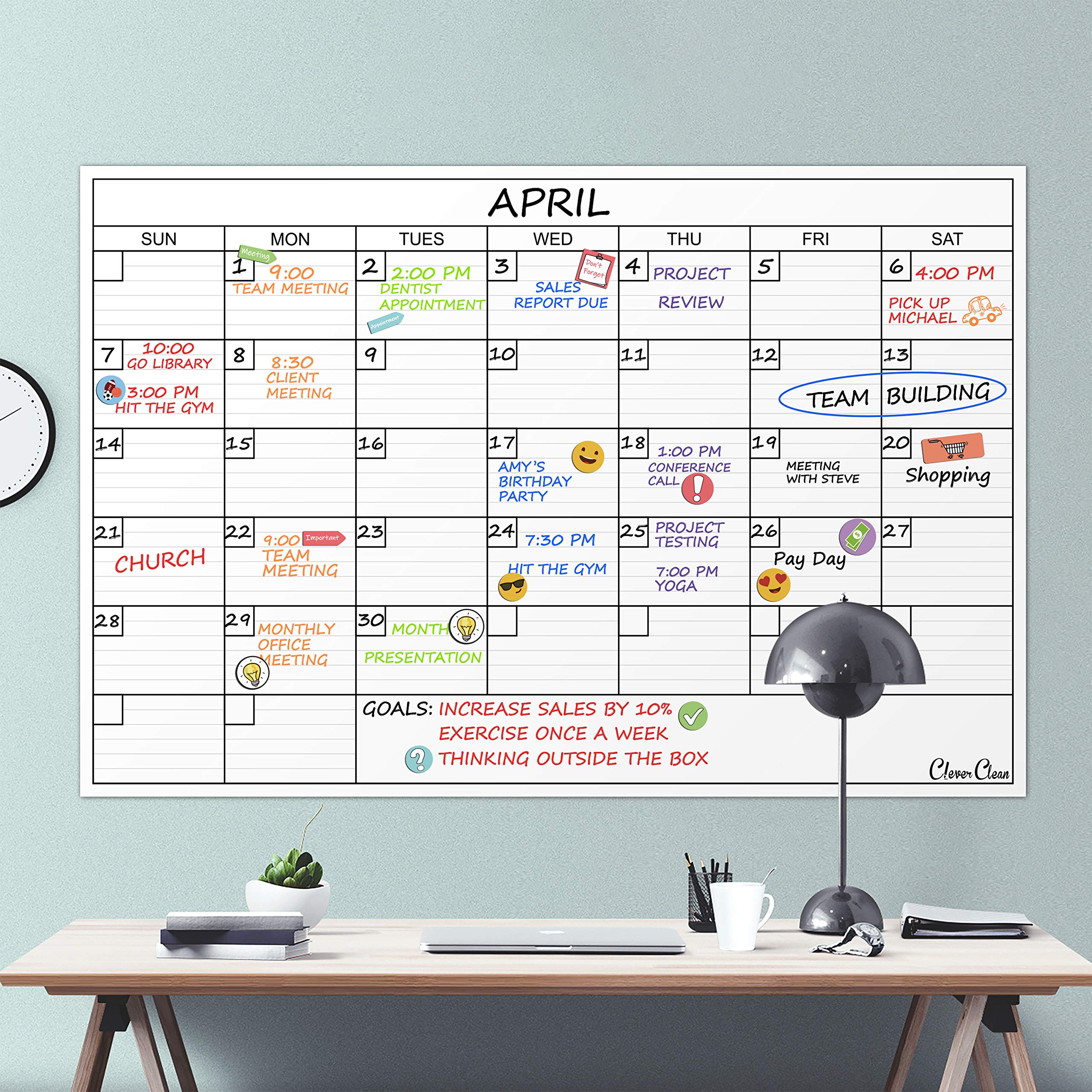 CLEVER CLEAN Large Dry Erase Wall Calendar - 24"x 36" Undated Monthly Calendar for Home, Office, Classroom - Reusable Laminated Task Organizer