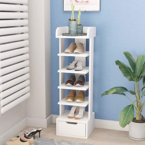 Mepplzian 6-Tier Vertical Shoe Rack, 11” Wooden Shoe Storage Stand with Drawer, Modern Shoe Rack Organizer, Free Standing Shoe Rack Cabinet for Closets Entryway & Small Space, White