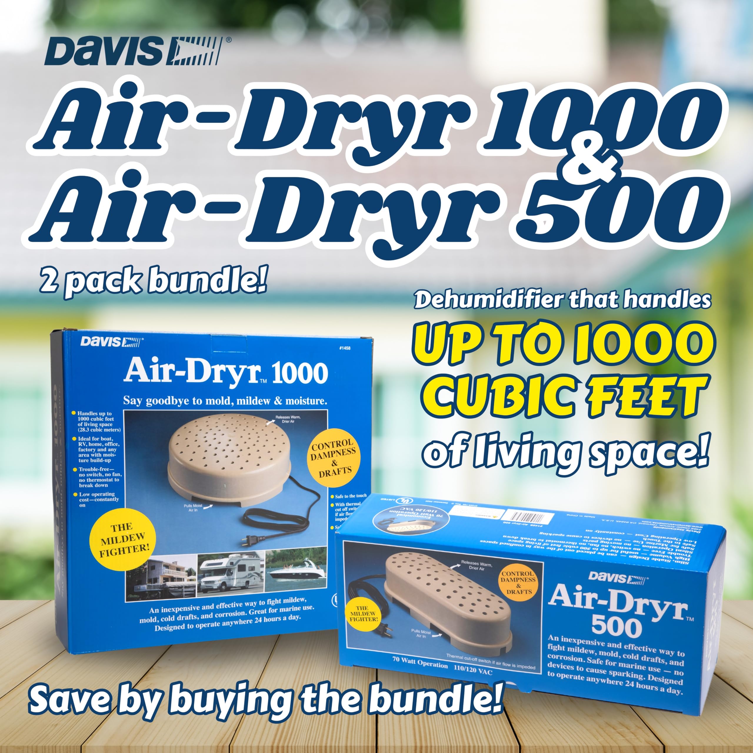 Davis Air-Dryr 500 & 1000 2 Pack Bundle - Quiet Room Dehumidifier for Moisture Problems and Wet Air Solution - Boat Dehumidifier - Portable Dehumidifier for RV, Camper, Bathroom, Bedroom and More