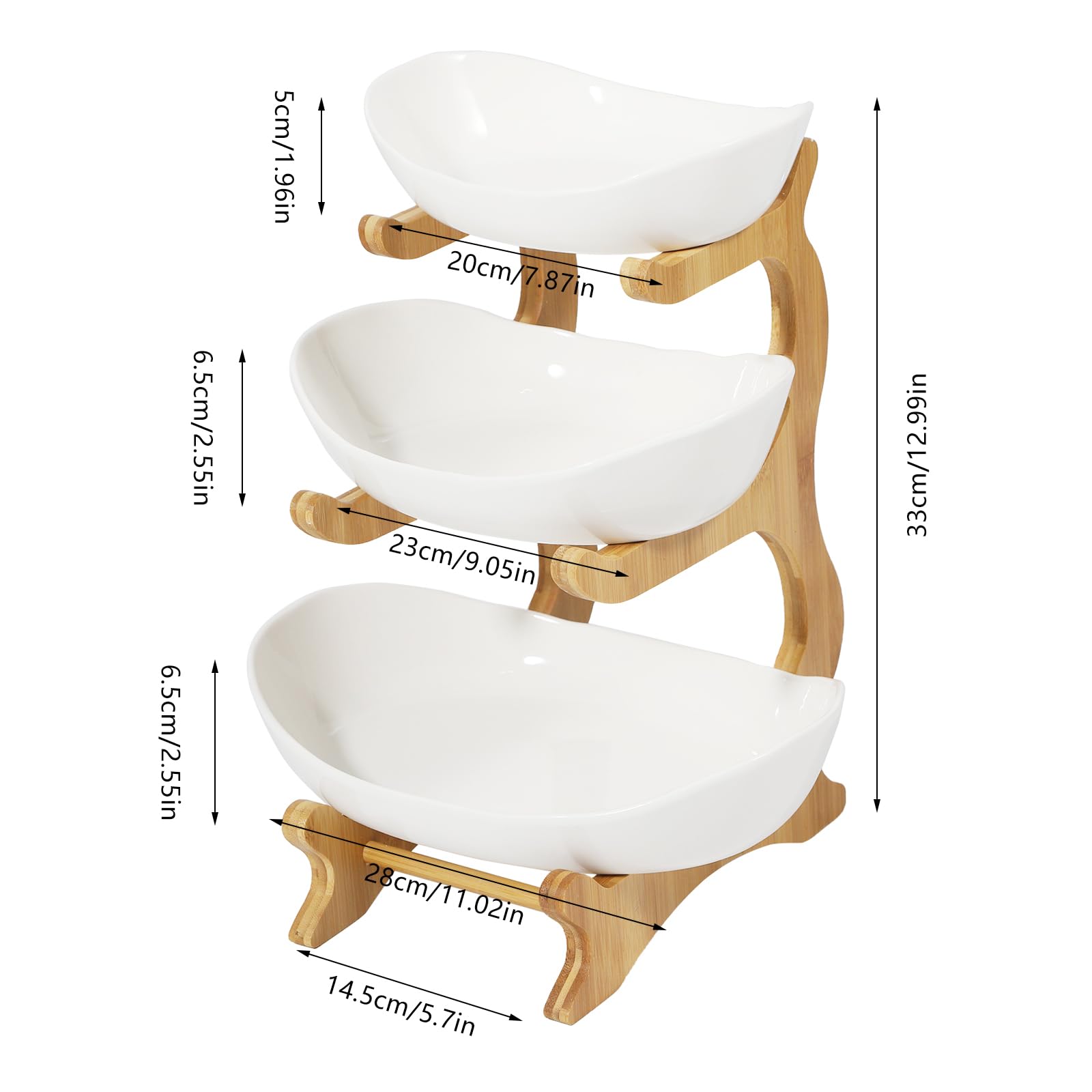 DYRABREST Oval Ceramic Fruit Plate Bowl, 3 Layer Ceramic Bamboo Frame Fruit Plate, Multi-layer White/Brown (Optional) Fruit Basket Holder Vegetables Storage Stand for Fruits Snacks Candy (White)
