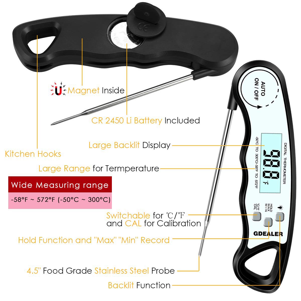 GDEALER Meat Thermometer Digital Instant Read Thermometer Ultra-Fast Cooking Food Thermometer with 4.6β Folding Probe Calibration Function for Kitchen Milk Candy, BBQ Grill, Smokers (Black)