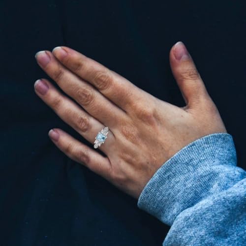 Clara Pucci 4.26 ct Emerald Cut Solitaire 3 stone Blue Simulated Diamond Engagement Promise Anniversary Bridal Ring 18K White Gold 6.75