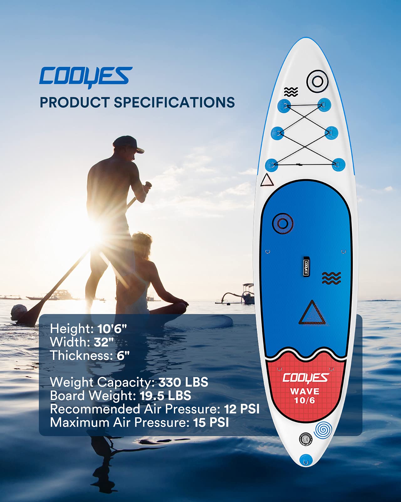 Cooyes Paddle Board, 10ft/10.6ft Inflatable Paddle Board, Stand up Paddle Board with Premium SUP Accessories & Backpack, Emergency Repair Kit, Non-Slip Deck & More - Extra-Light ISUP (10' deep Blue)