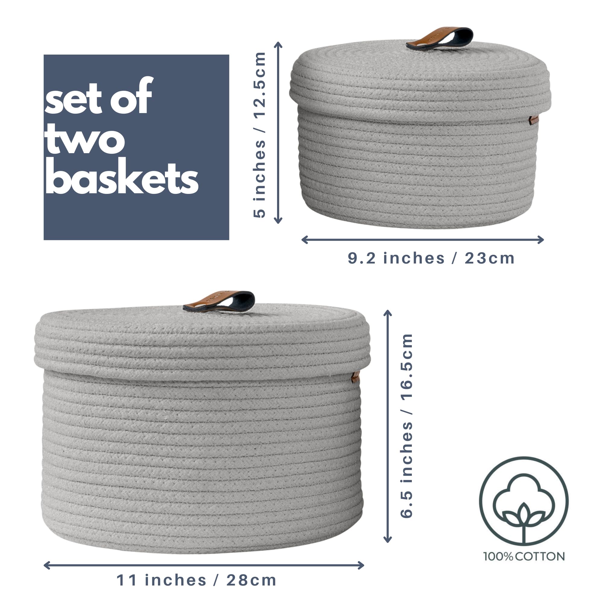 DENJA & CO Decorative Storage Basket Organizer Set of 3 and Round Baskets with Lids Set of 2 (Light Gray)