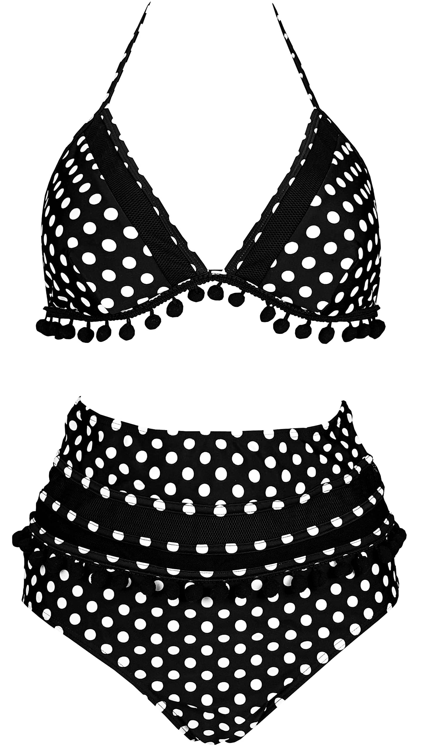 COCOSHIP Black Striped & White Balancing Act Mesh Net High Waist Bikini Set Pom Pom Tassel Top Halter Straps Swimsuit Beachwear 14