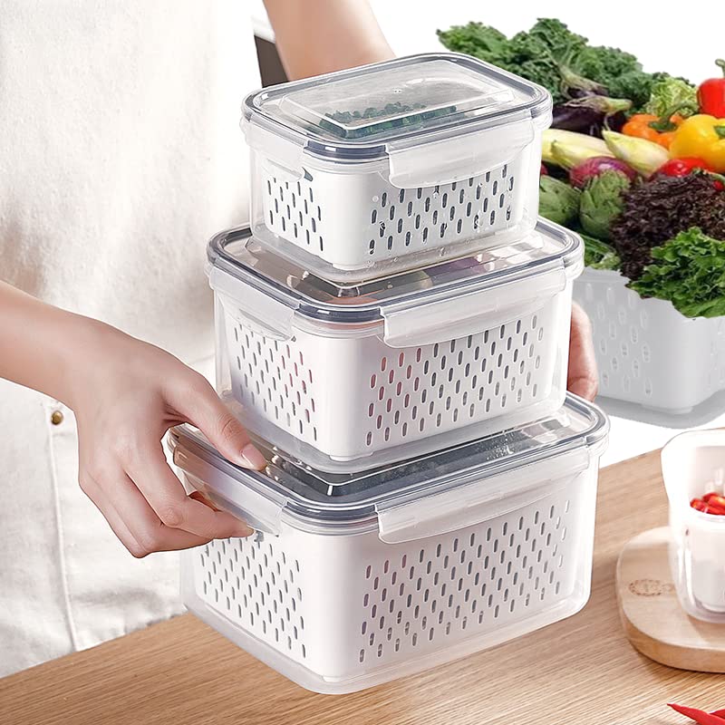 Set of 5 with Drain Basket Fruit Storage Containers , King Size to Mini Tall Airtight Fridge Fresh Produce organizer , used for food Frozen Vegetable and Salad, refrigerator veggie saver keeper