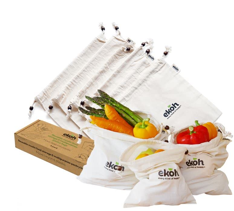 EKOH Organic Cotton Reusable Produce Bags - Set of 6 Drawstring Bags 3 Sizes -Shopping and Storing Fruit, Vegetables, Bread, Herbs, Nuts Fabric Bags - Eco Washable Bag (Organic Cotton Muslin 6 Pack)