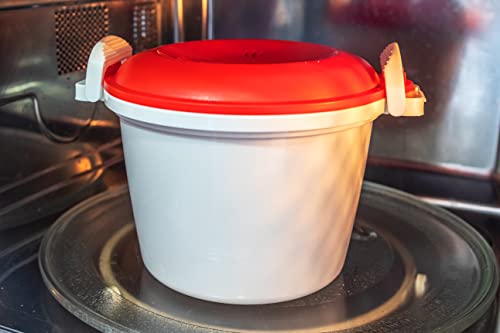 KitchenCraft Rice Cooker - Microwave Steamer, BPA Free Plastic, 1.5 Litre, White/Red