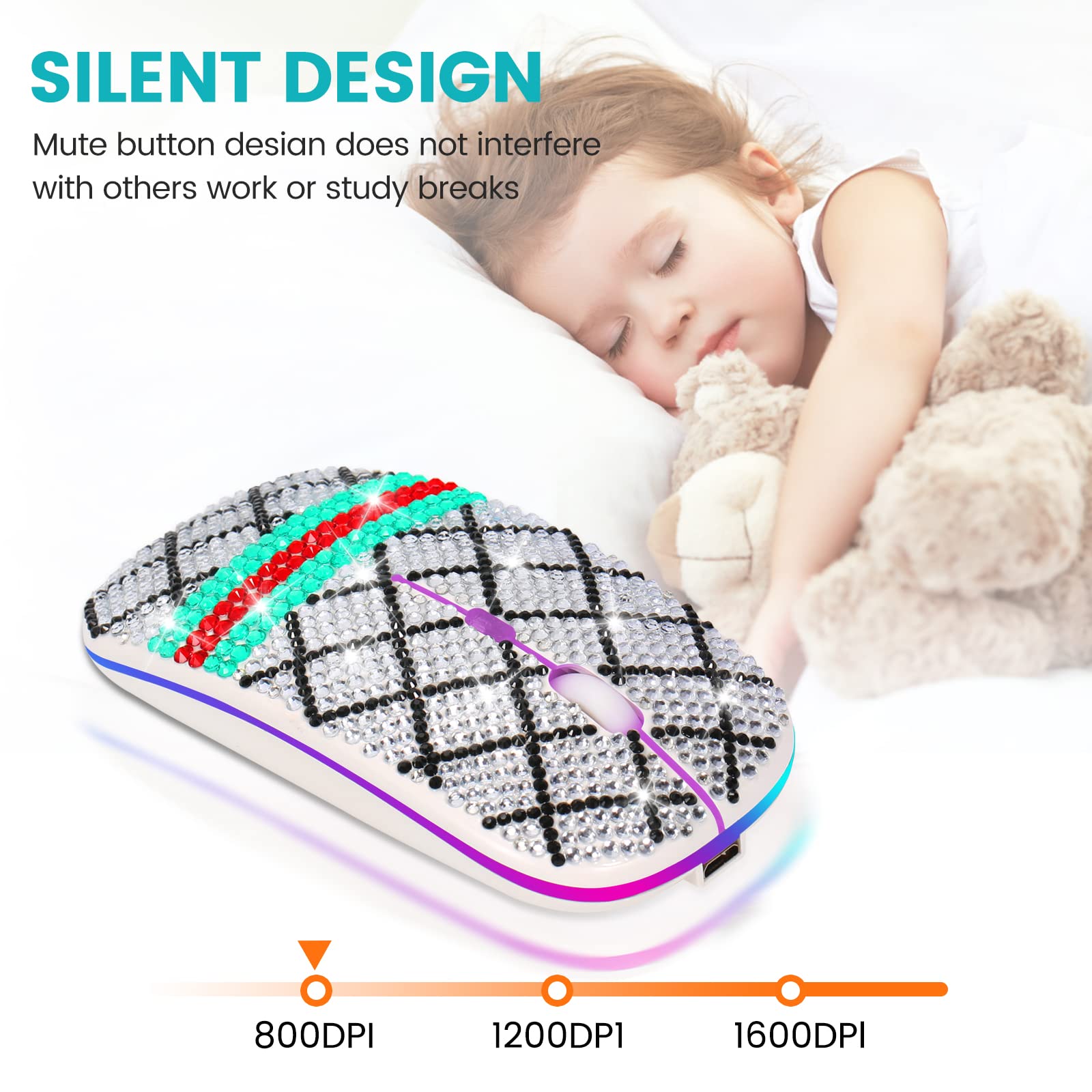 Wireless Mouse,Attoe 2.4GHz Bling Dazzling Ergonomic Portable Girls Mouse Silent 800/1200/1600 DPI USB Optic Mouse Convenient for PC Laptop Notebook Windows