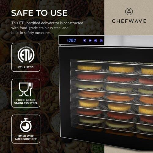 ChefWave Commercial Countertop Electric Food Dehydrator Freeze Dryer Machine - Digital Temperature Control & Timer, 10 Stainless Steel Trays - for Dried Fruit/Veggie, Meat Beef Jerky, Herbs Dehydrator