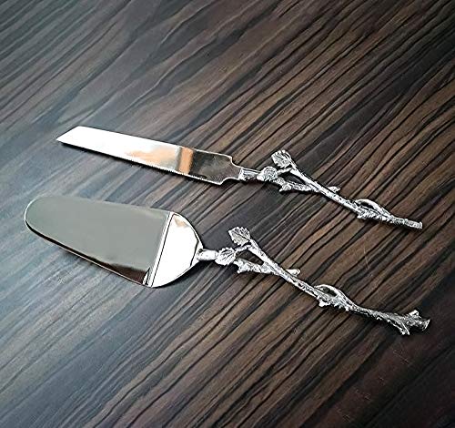 Elegant Rustic Cake Server and Knife Set with Beautiful Leaf Design, Ideal Cake Cutting Set For Wedding Party's and Elegant Events, 2 Piece Silver Twig Pie Server Set…