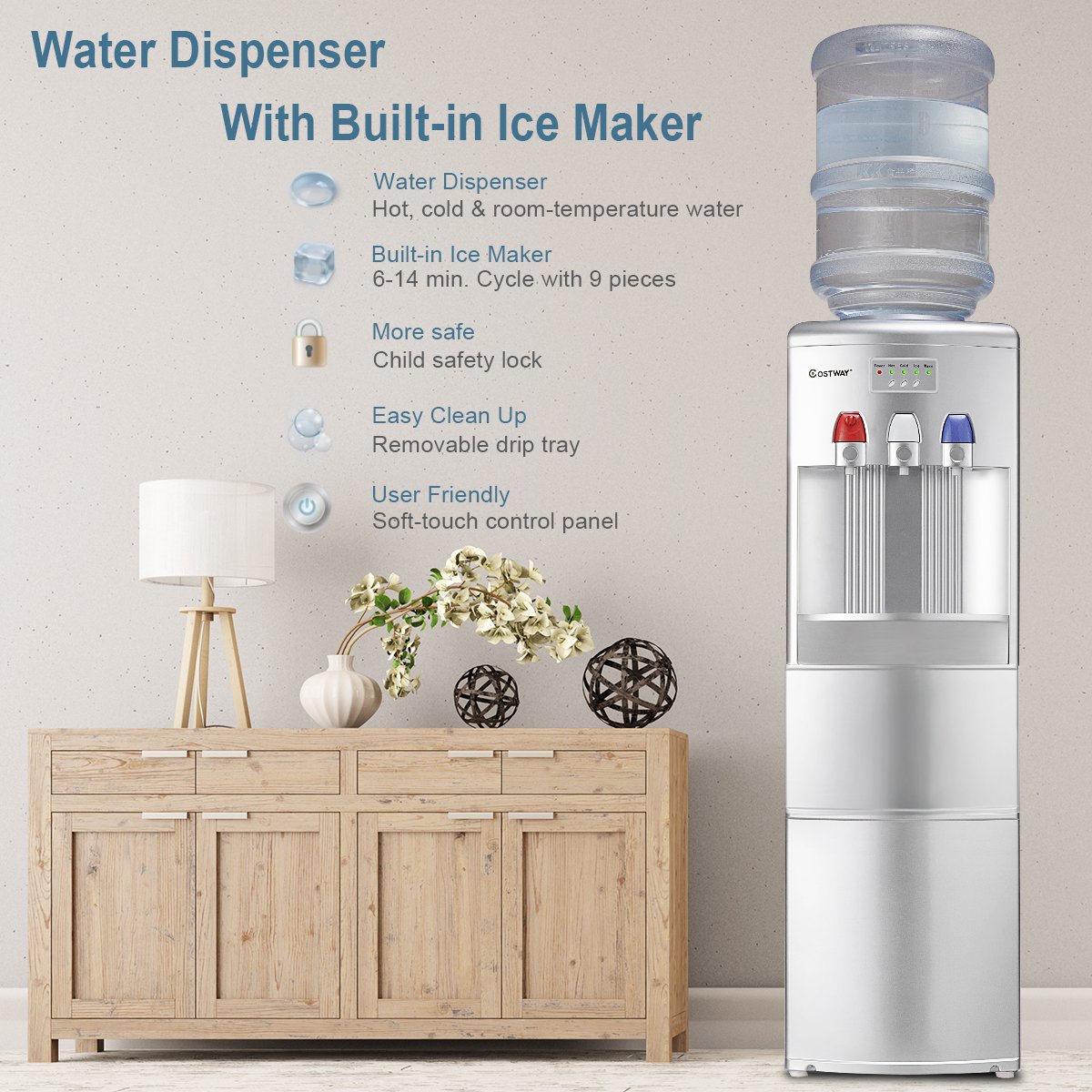 COSTWAY 2-in-1 Water Cooler Dispenser with Built-in Ice Maker, Freestanding Hot Cold Top Loading Water Dispenser, 27Lbs/24H Ice Maker Machine with Child Safety Lock, Silver
