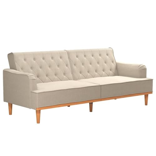 Pemberly Row Vintage Convertible Sofa Bed Futon in Tan Linen