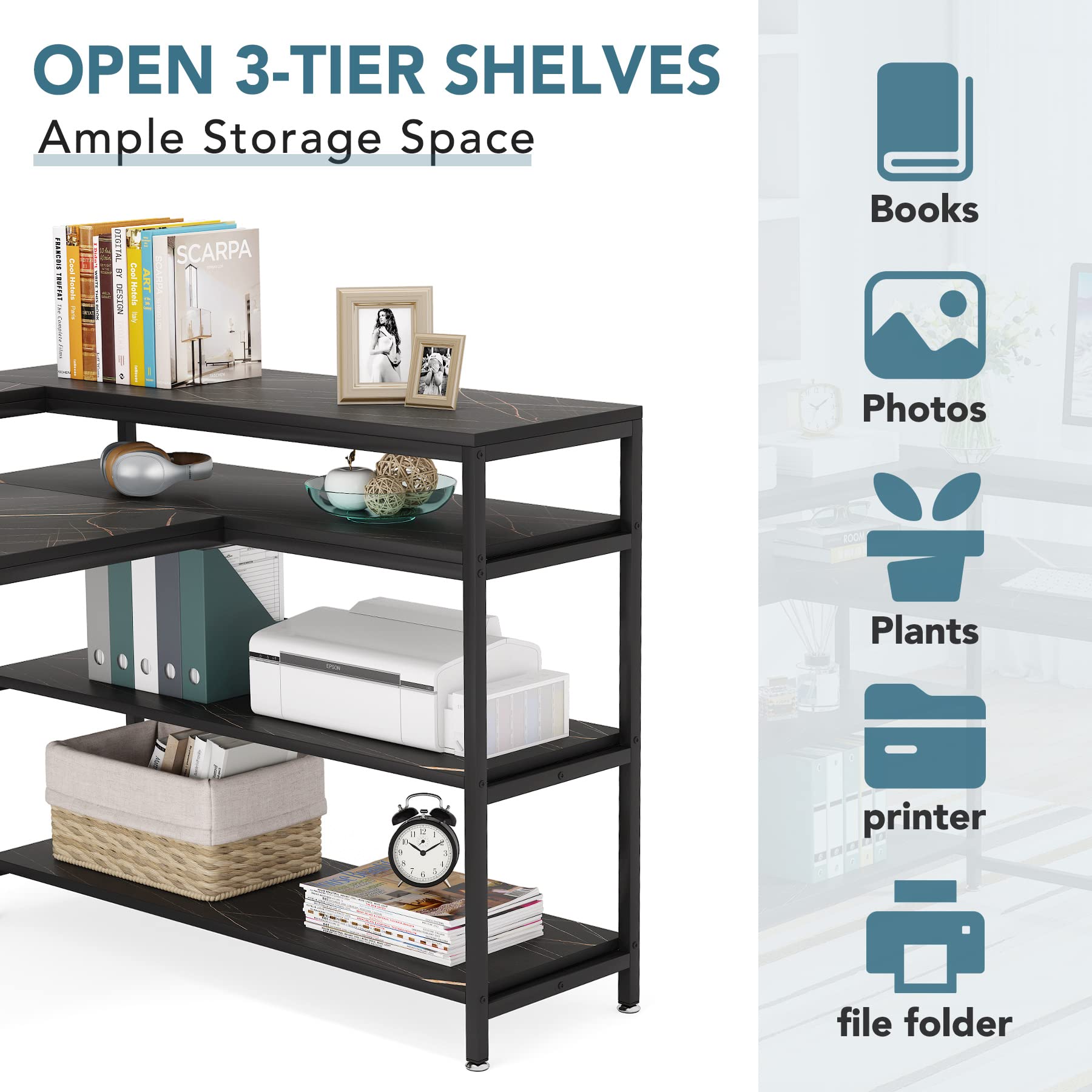 Tribesigns 53 Inch Reversible L Shaped Desk with Storage Shelf, Modern Black Marble Corner Desk with Shelves and Monitor Stand, Gaming Desk for Home Office (53" D x 41" W)