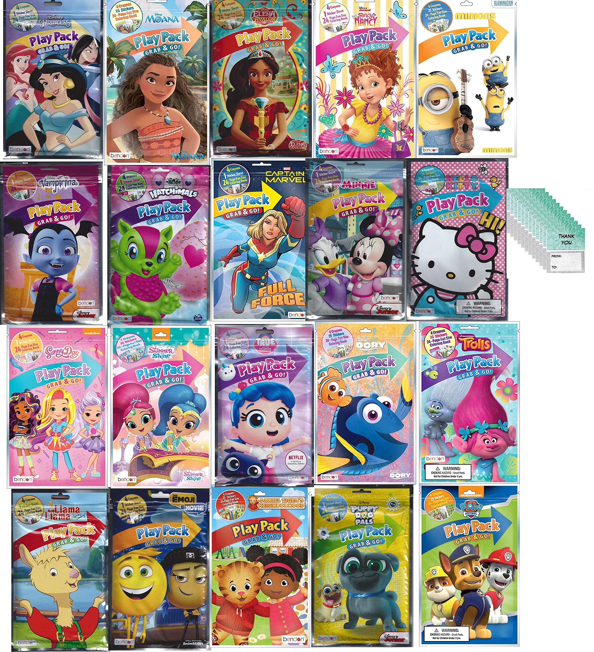 Play Pack Grab and Go Assorted Set For Girls, Princess and Many More (12 Different Packs Guaranteed) and 12"Thank You" Cards, Great for Party Favors and Supplies