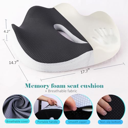 Dermoer Seat Cushion for Office, Desk, Home, and Car Chairs - Comfort, Support, Non-Slip, Memory Foam Pillow Pad for Long Sitting, Back, Coccyx, Tailbone Pain, and Pressure Relief (Medium)