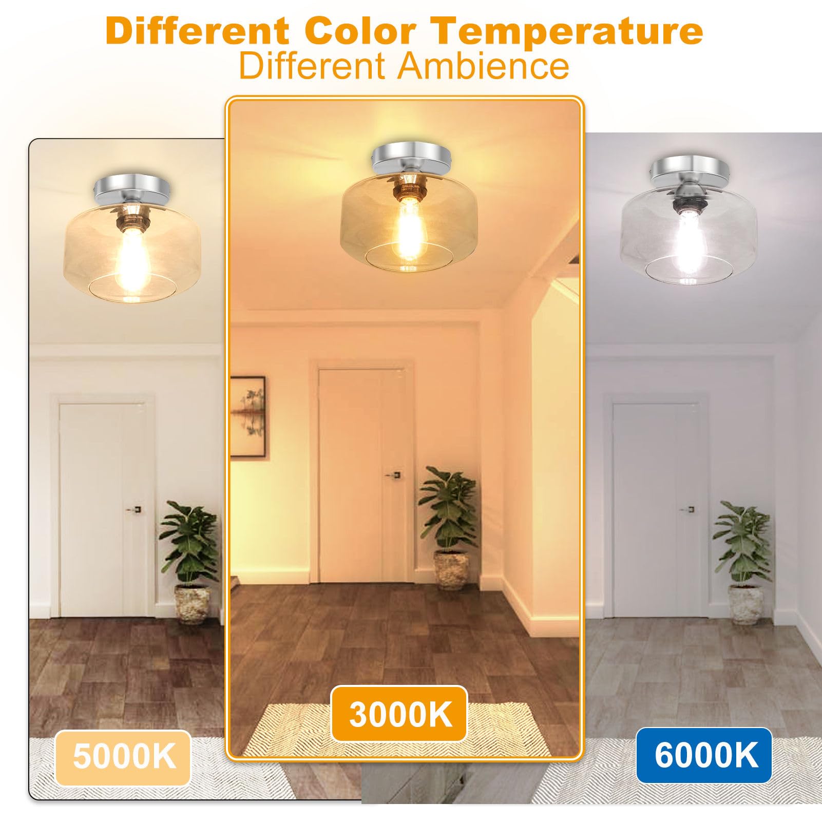 CNSUNWAY Semi Flush Mount Ceiling Light, Clear Glass Shade, E26 Bulb Base, Modern Farmhouse Light Fixtures for Kitchen Hallway Bedroom, Industrial Lamp, Ceiling Light Fixture (Bulb Not Included)