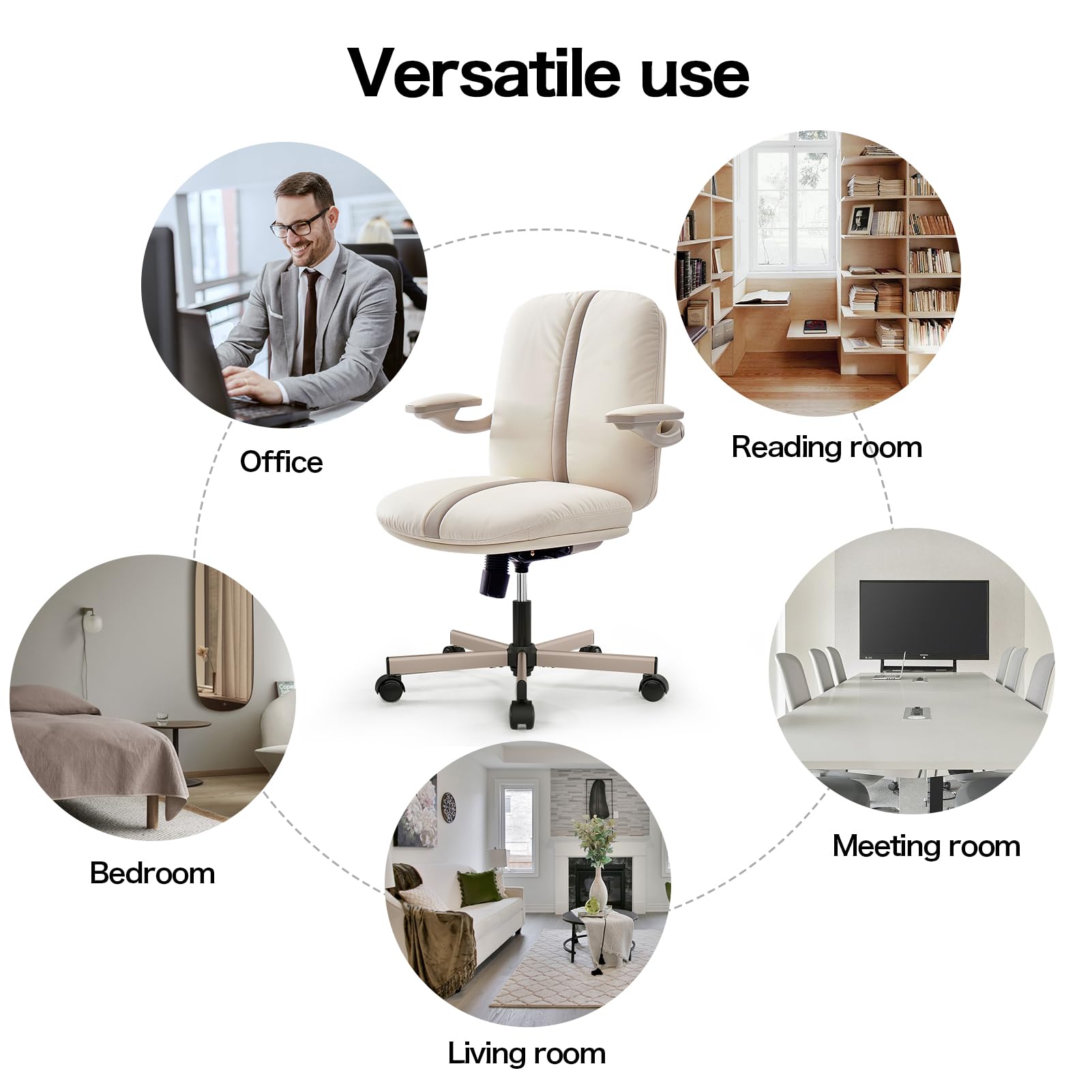 LEAGOO Home Office Desk Chairs with Wheels, Small Desk Chair with Mid-Back, Comfy Flip-up Arms Adjustable PU Leather Swivel Computer Chair, Ergonomic Task Chair for Space Saving, Bedroom, Study, White