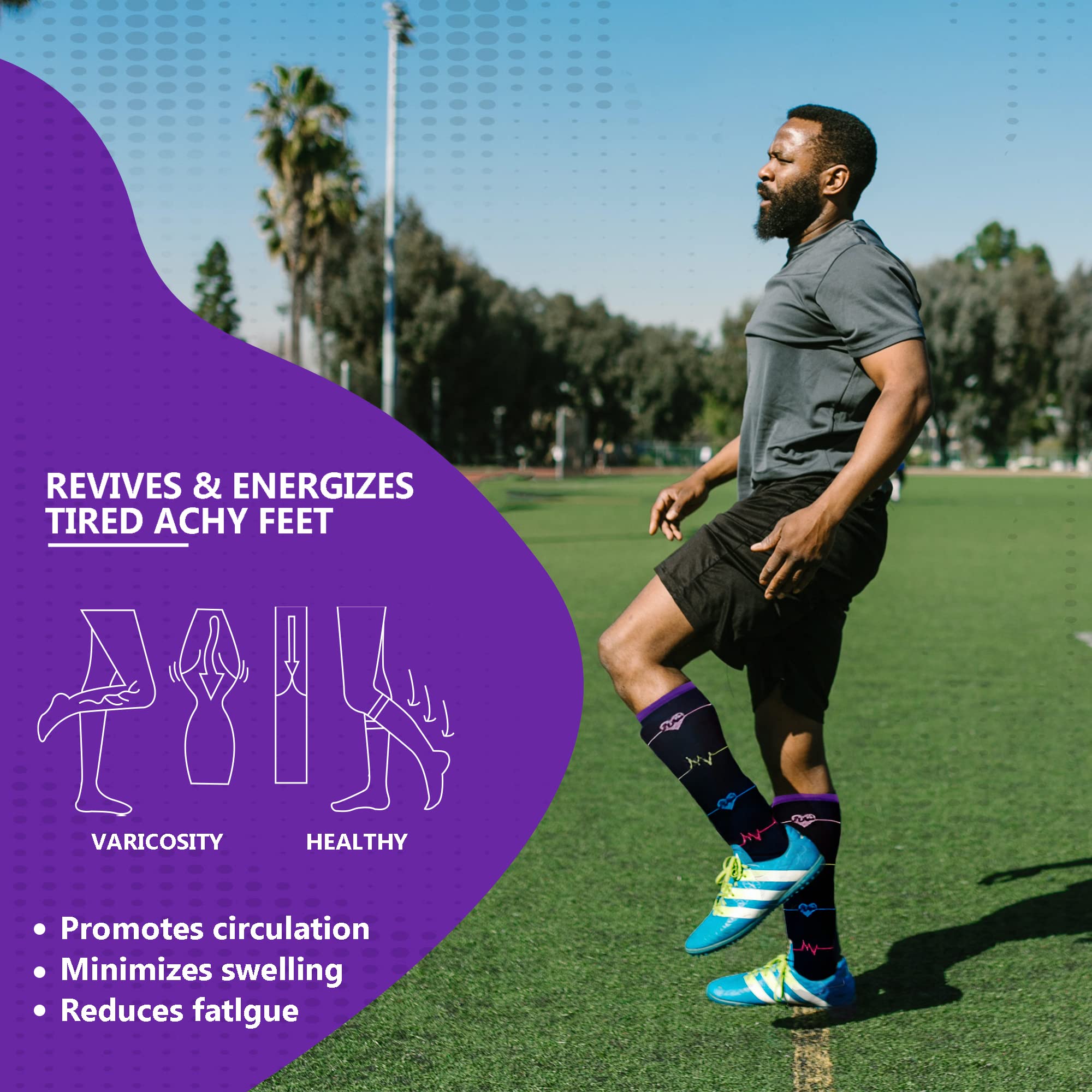 Fusion Pain Solutions Compression Socks for Men and Women for Support, Running, Cycling, Circulation, 20-30mmHg, One-Pair (Black/EKG Lines, LARGE/X-LARGE)
