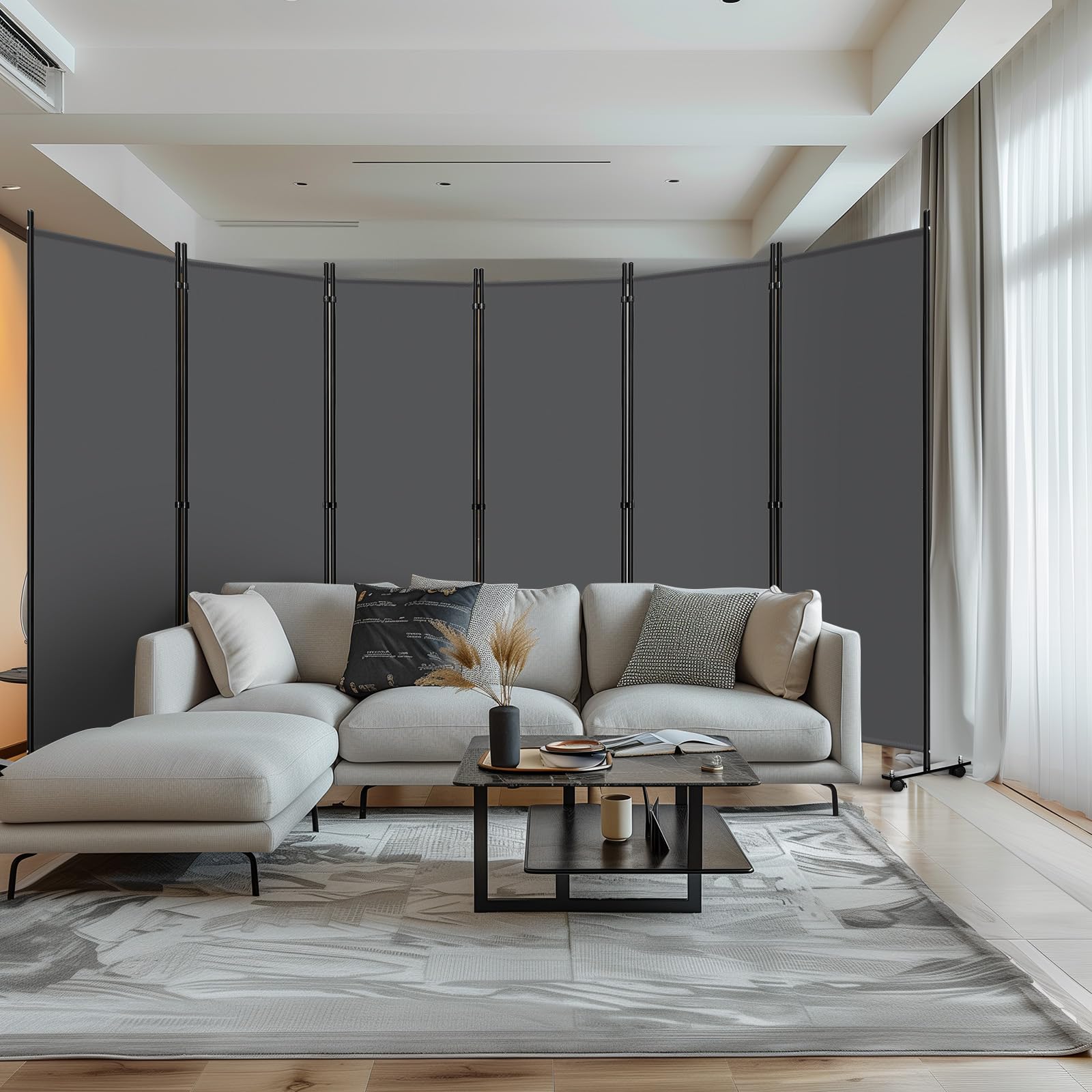 HALLYBEE Room Divider 5.6FT Portable Room Dividers and Folding Privacy Screens, 4 Panel Room Divider on Wheels, Wall Divider for Room Separation, Partition Room Dividers, Grey Fabric Privacy Screen