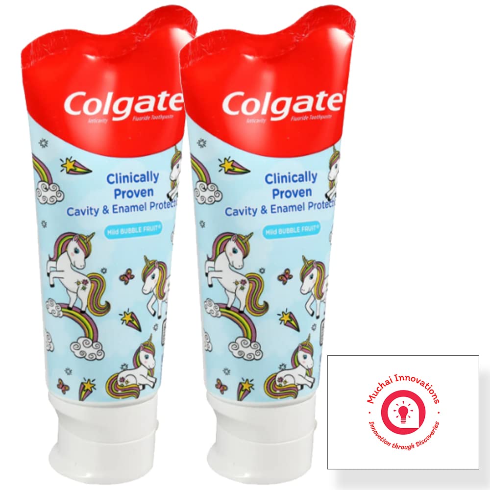 Colgate Kids Fluoride Anticavity Toothpaste for Ages 2+, ADA-Accepted Clinically Proven, Cavity & Enamel Protection | Mild Bubble Fruit Flavor - 2 Tubes Plus Muchai Card