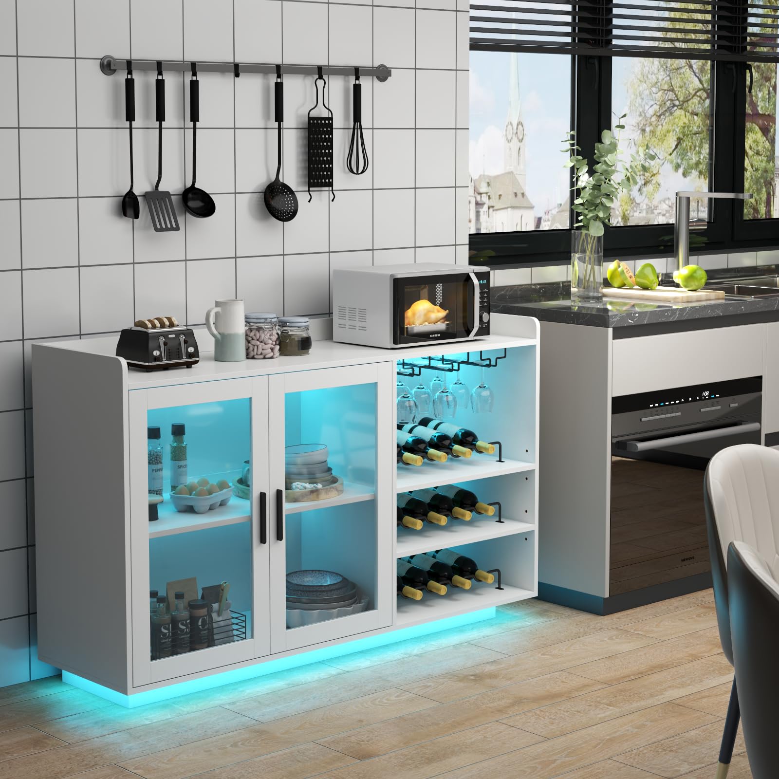 Loomie Wine Bar Cabinet with LED Lights, Floating Coffee Bar with Glass Rack and Removable Wine Racks, Modern Buffet Sideboard with Storage Shelves, Kithchen Bar with Glass Cabinet Doors, Black