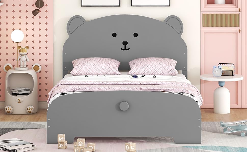 Quarte Cute Full Size Platform Bed with Bear-Shaped Headboard and Footboard, Wooden Bed Frame for Bedroom,No Box Spring Required (Gray/Bear*W)