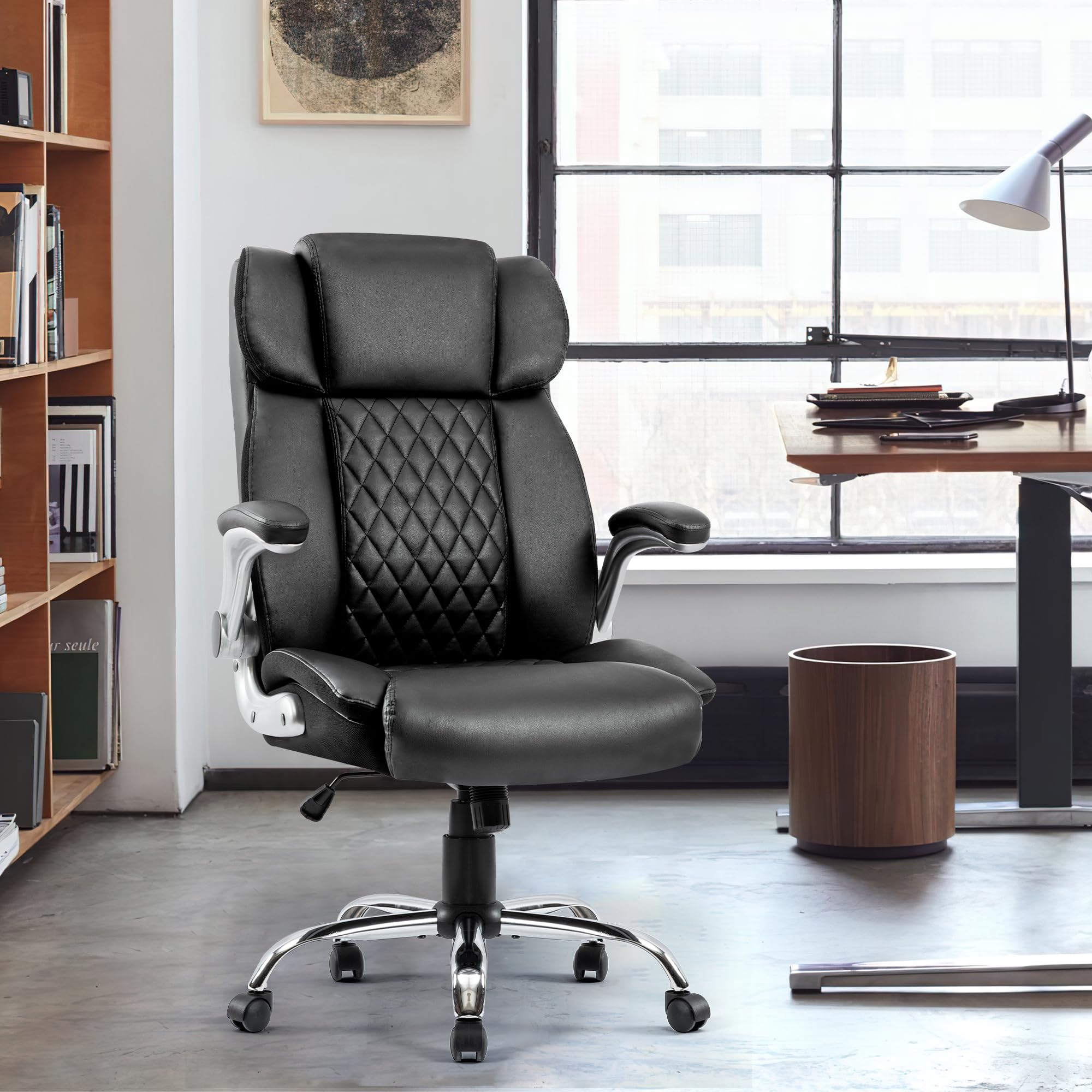 HOMYEDAMIC High Back Ergonomic Office Chair, Flip Arms Big & Tall Executive Swivel PU Bonded Leather Computer Chairs Adjustable Tilt Angle, Wide Thick Seat (7012-BK)