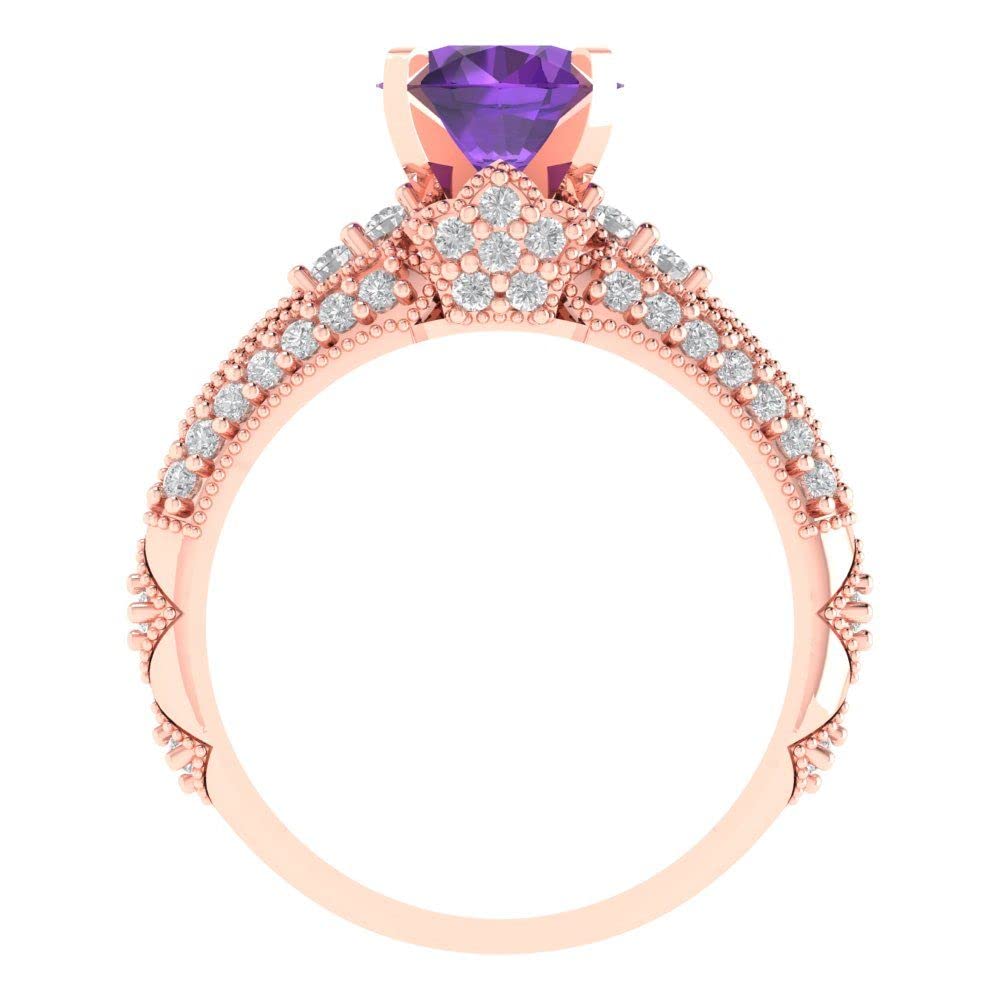 Clara Pucci 2.10ct Round Cut Solitaire Accent Natural Amethyst Engagement Promise Anniversary Bridal Ring Band set Real 14k Rose Gold 6.5