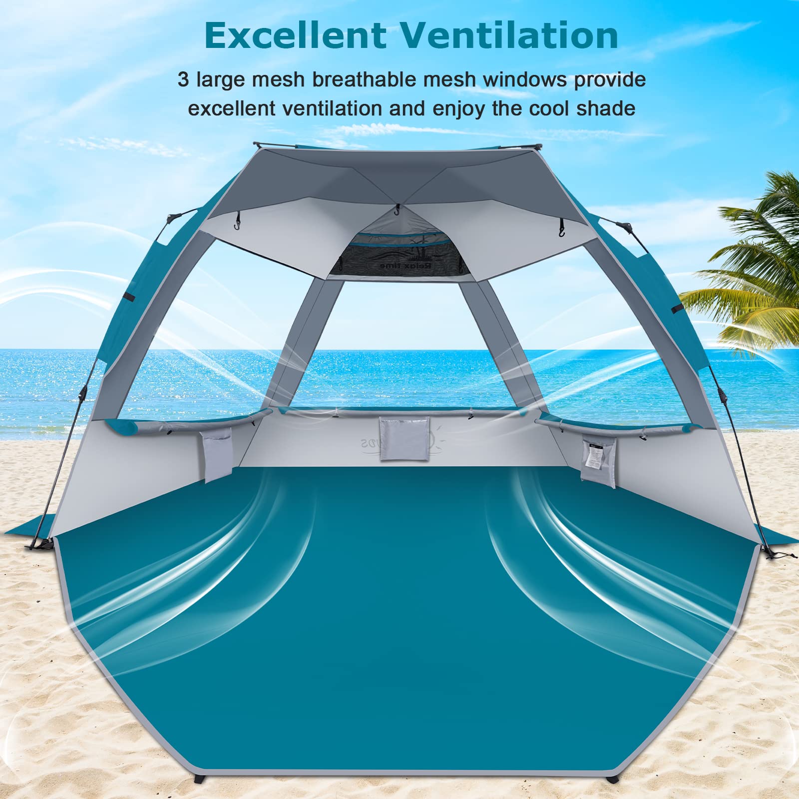 COMMOUDS 110" Wide Beach Tent for 5-6 Person, UPF 50+ Instant Beach Tent Sun Shelter, Portable Pop Up Beach Sun Shade, Lightweight and Easy Set Up