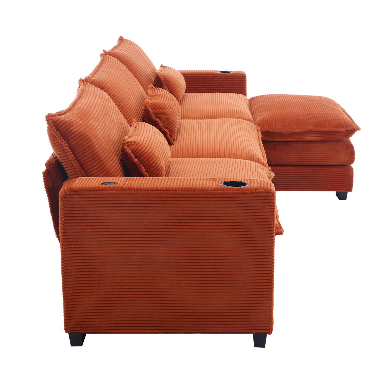 KIVENJAJA Corduroy Cloud Sectional Couch, Modern Comfy Modular L-Shaped Sectional Sofa with Ottoman, Cup Holders & USB Port for Living Room Apartment, 117.7”W, Orange