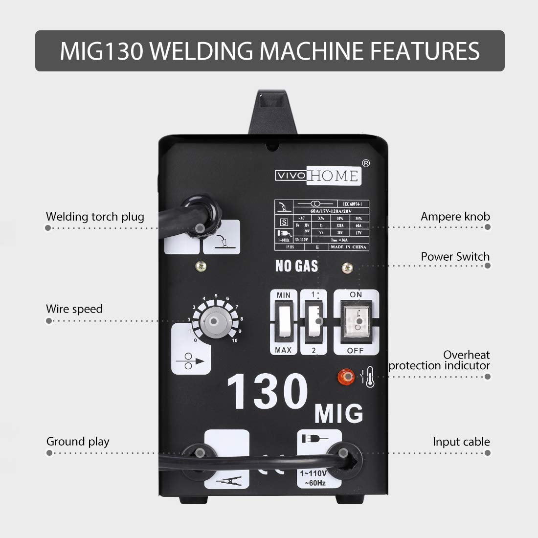 VIVOHOME MIG Welder 130 Flux Core Wire Automatic Feed Welding Machine Portable No Gas 110V DIY Home Welder w/Free Mask Black