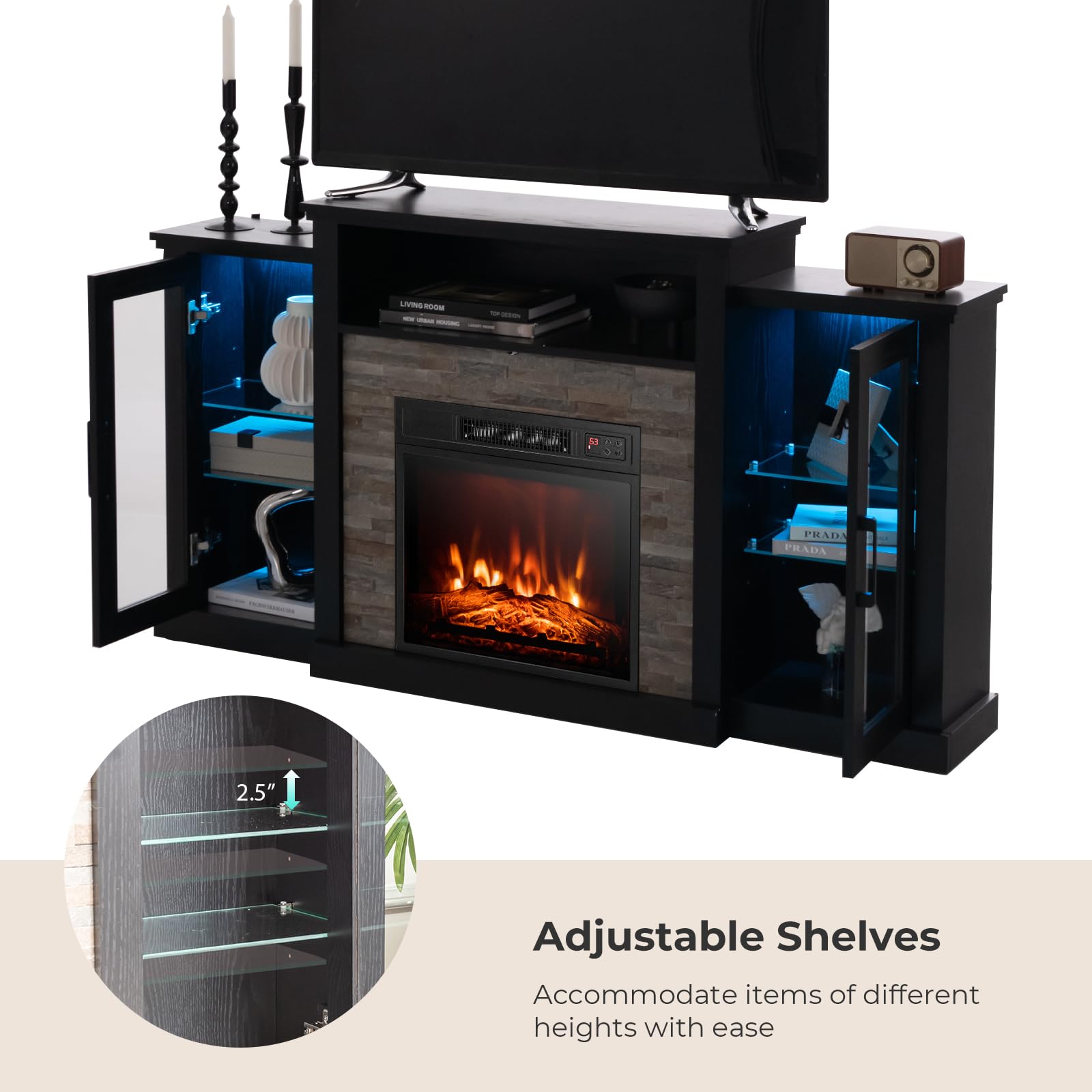 GOFLAME Fireplace TV Stand with LED Lights for TV up to 65β, Entertainment Center with 18β Electric Fireplace, Remote & APP Control, TV Console with Adjustable Glass Shelves (Black)