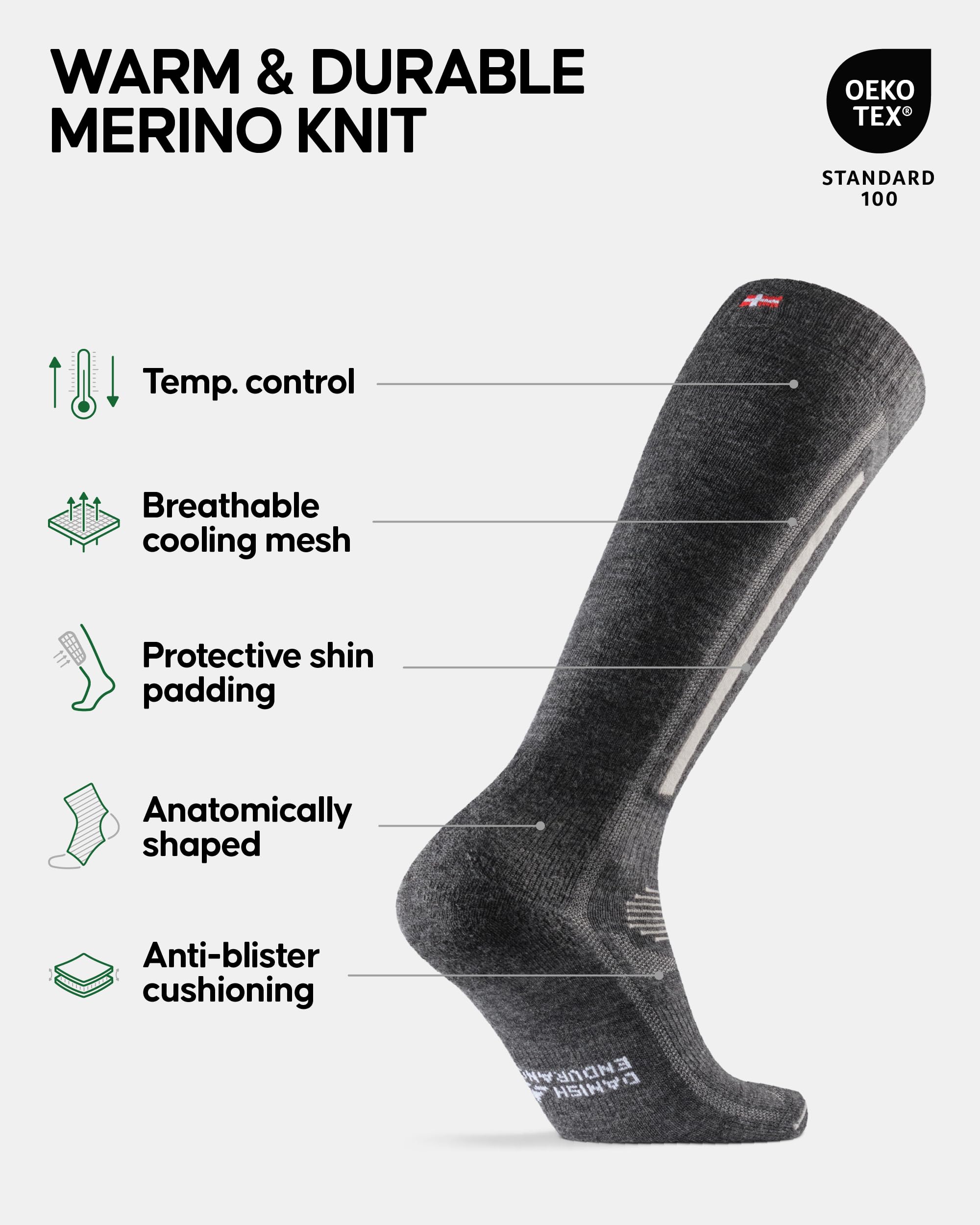 DANISH ENURANCE Merino Wool Performance Ski Socks for Men, Women & Kids, Dark Grey/Light Grey, US Women 8-10 // US Men 6.5-8.5