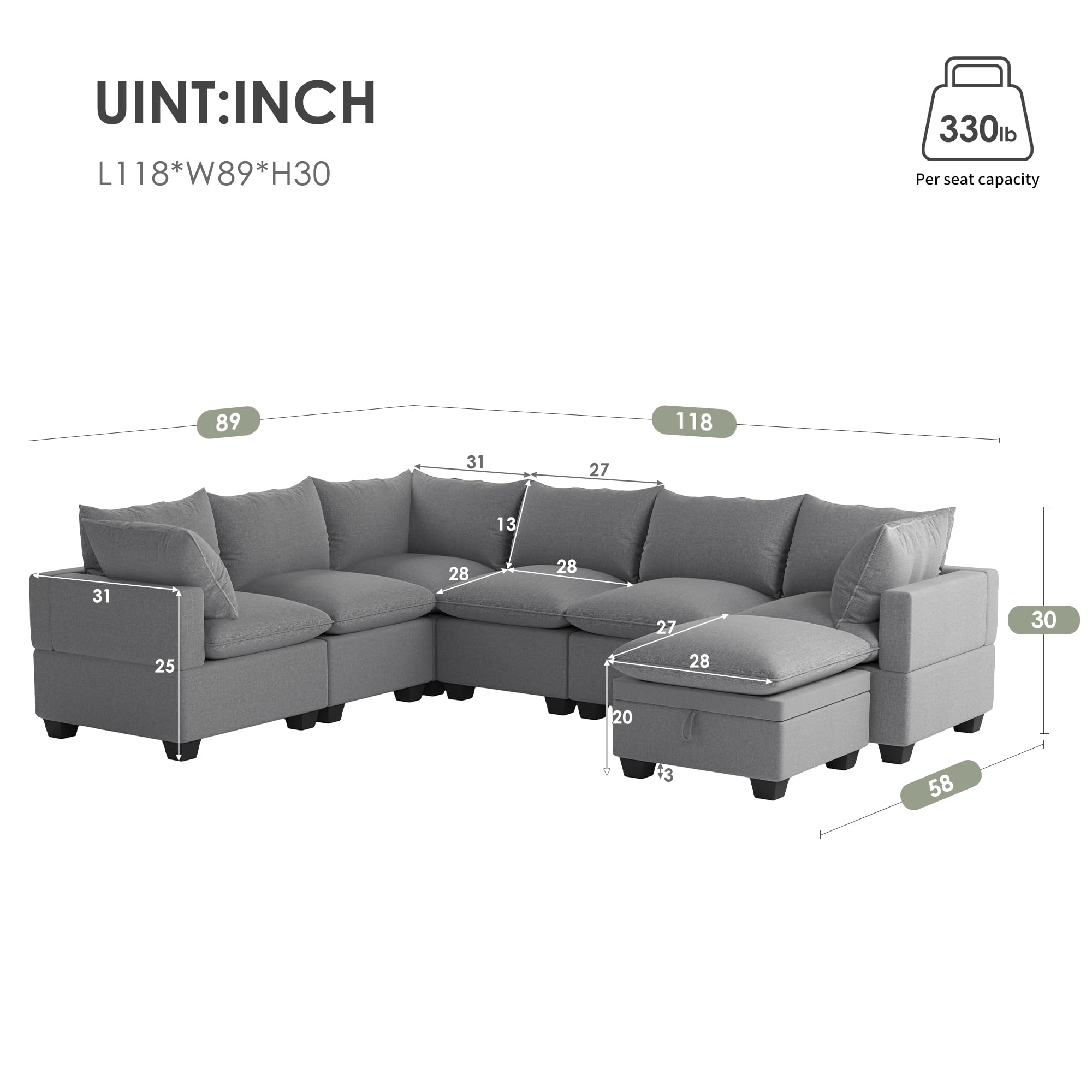 KIVENJAJA Oversized Modular Sectional Couch, Linen Fabric 7 Seater U Shaped Sofa Set with Storage Ottoman & Loose Back Cushions, Living Room Furniture Set, 118”W, Grey