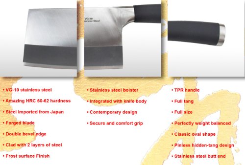 ZHEN Japanese VG-10 3-Layer Forged High Carbon Stainless Steel Light Slicer Chopping Chef Butcher Knife/Cleaver, 6.5-inch, TPR Handle -,Black