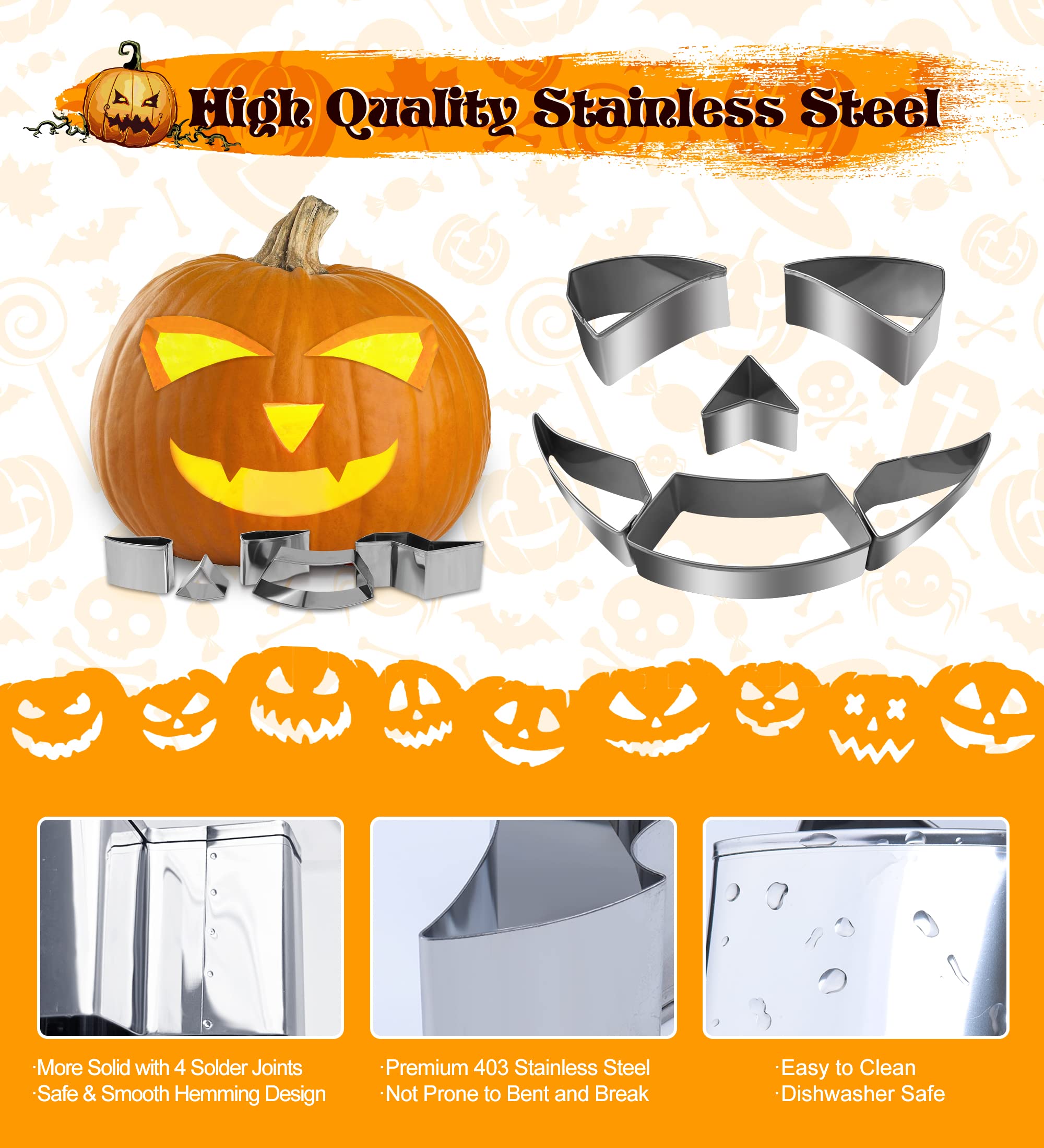 FELAR Pumpkin Carving Kit for Kids, 25 PCS Halloween Stencils Offer 68 Different Patterns, Durable Stainless Steel Tools Alternative to Knife, Silver