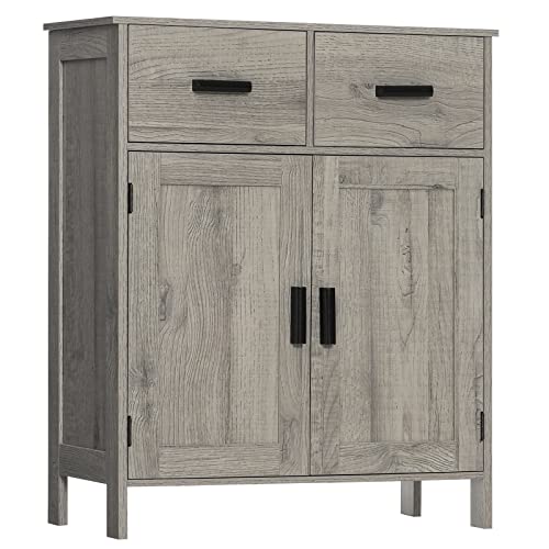 Quimoo Storage Cabinet, Bathroom Floor Cabinet with 2 Drawers & Adjustable Shelves, Bathroom Storage Cabinet with 2 Doors for Living Room, Bedroom, Home Office, Grey