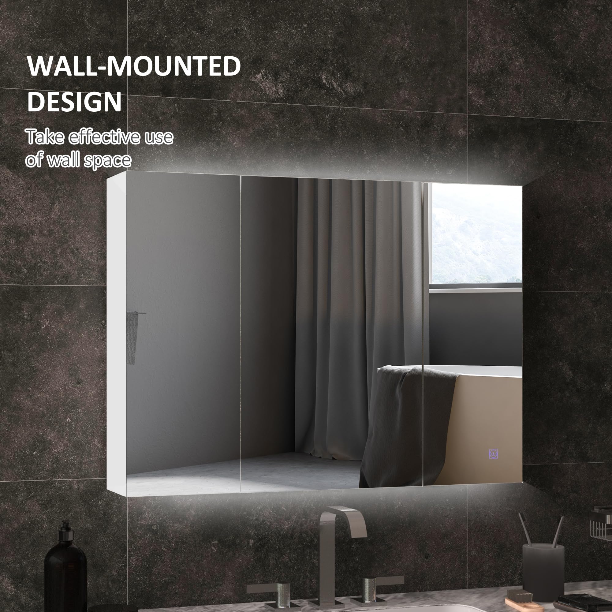 kleankin Lighted Medicine Cabinet with Mirror, 26" x 36" Wall Mounted Bathroom Mirror with Storage, 3-Color Bathroom Wall Cabinet with USB Charge, Adjustable Shelf, High Gloss White