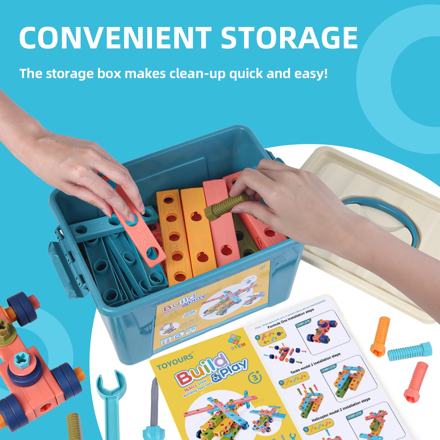 Erector Sets for Kids Ages 4-8, Easy Assembled 163 PCS Building Blocks, STEM Games for 4 5 6 7 8 Year Old Girls Boys Kids, Educational Building Toy STEM Kits with Tools, Design Guide, Storage Bin