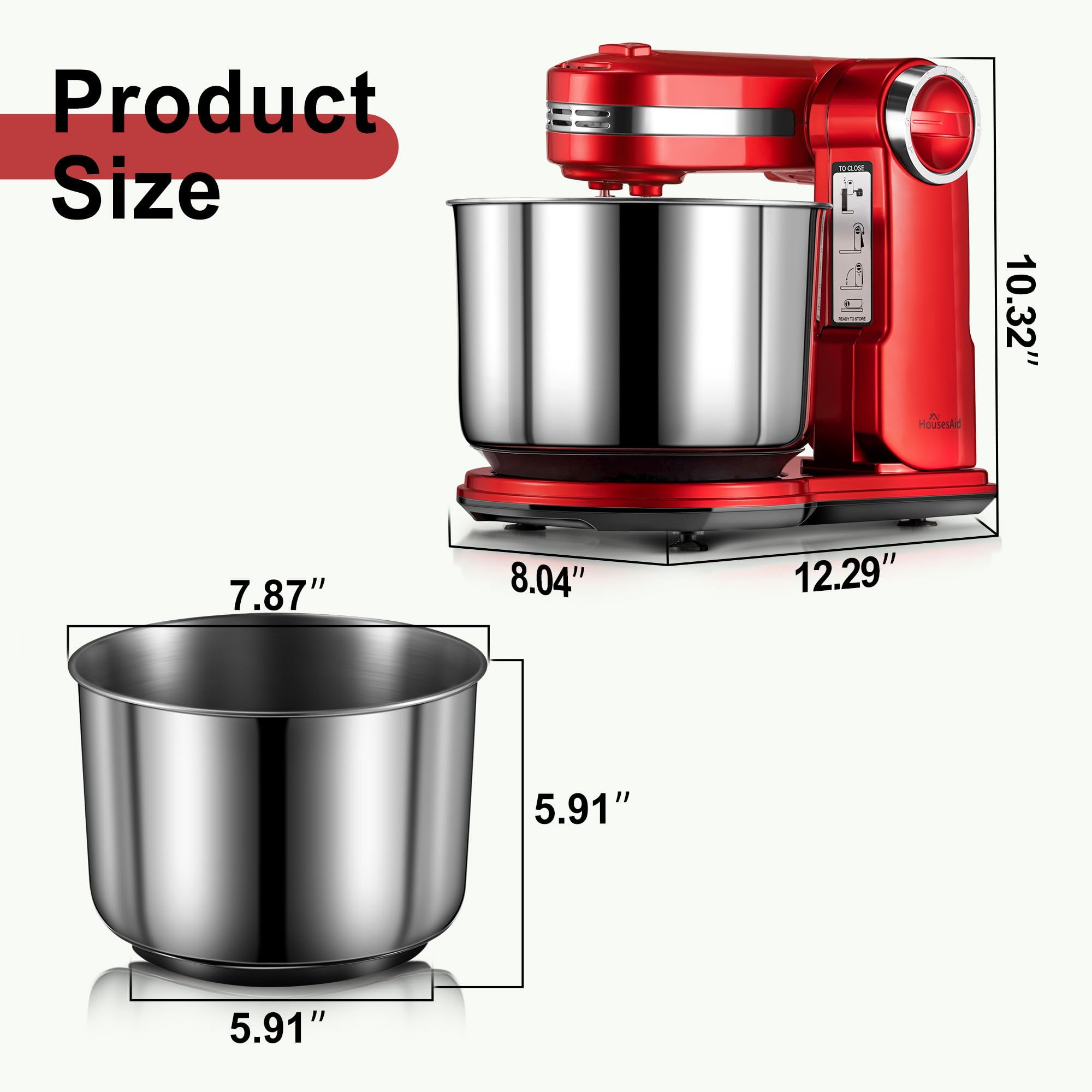 HousesAid Foldable Stand Mixer, 3.7QT Electric Kitchen Mixer, 6 Speeds with Dough Hook & Beater, Space-Saving Design for Small Kitchen, Ideal for Baking & Daily Use, Red