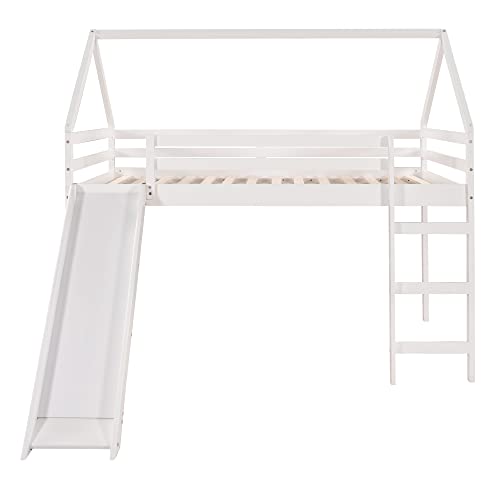 Merax Wooden Montessori Low Loft Bed with Slide Stairs, Full Guardrail House Loft Bunk Bed for Kids Boys,Girls, No Box Spring Need Full White