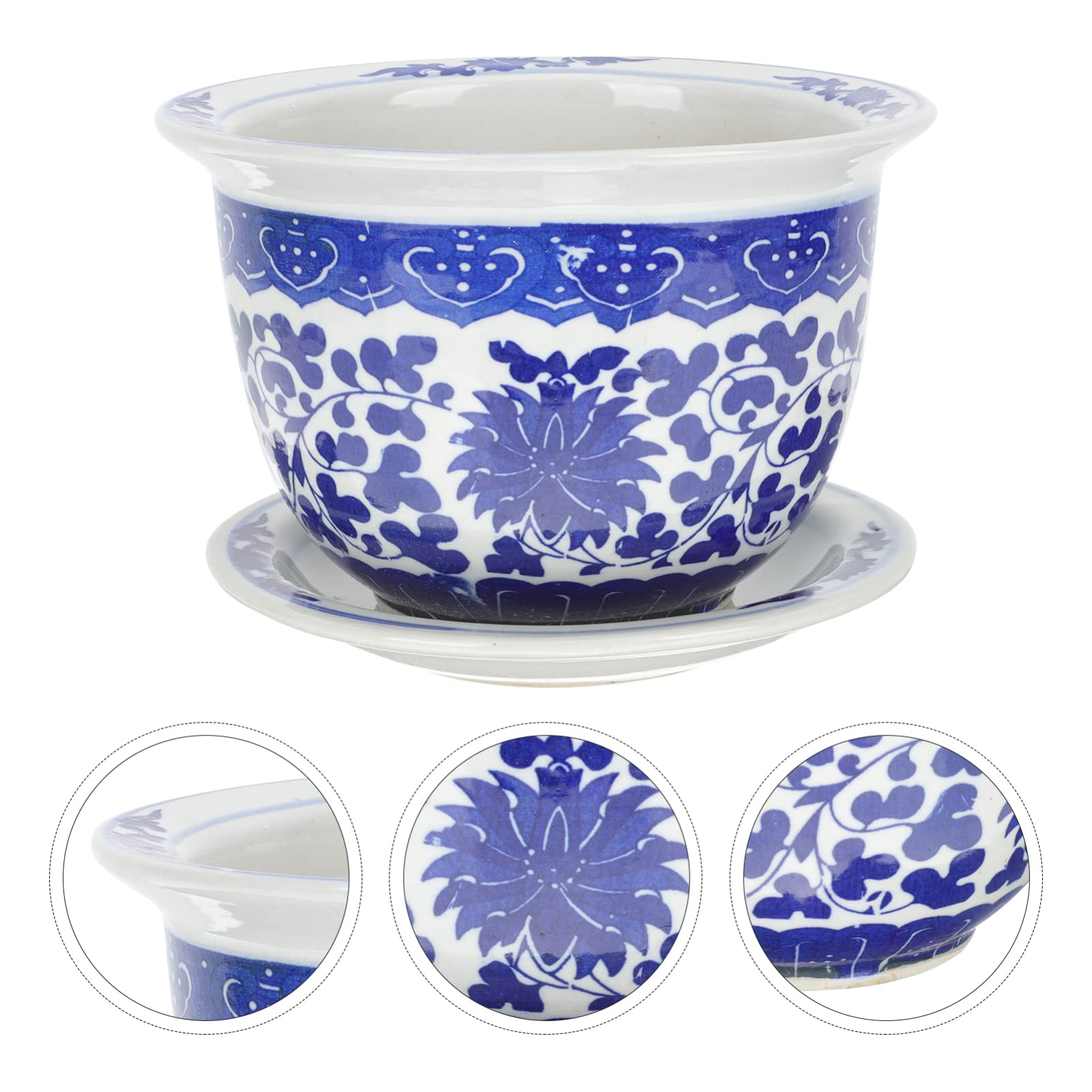 GANAZONO Ceramic Planter Blue and White Planter Flower Pots with Tray Porcelain Bonsai Pot Plant Container Planter for Home Office