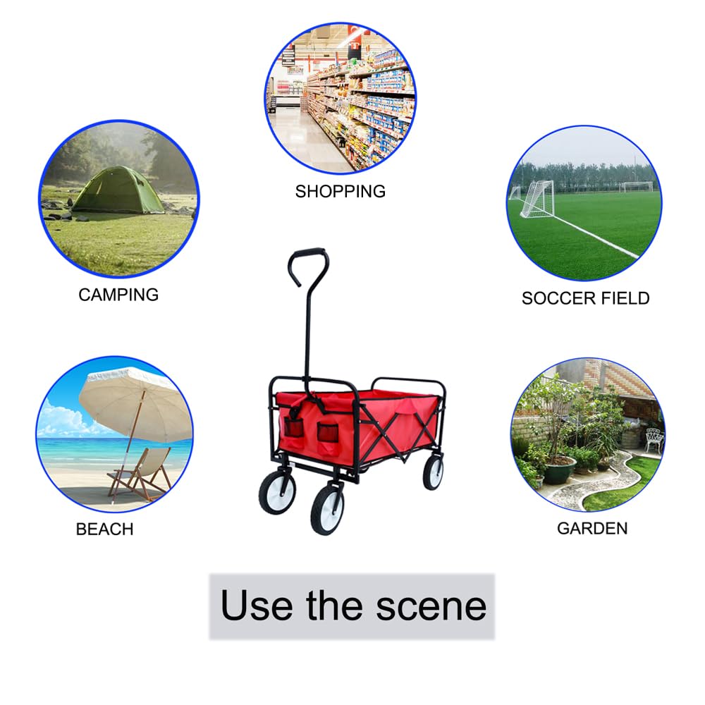 Collapsible Folding Wagon, Heavy Duty Utility Beach Wagon Cart with Side Pocket, Large Capacity Foldable Grocery Wagon for Garden Sports Outdoor Use (Red)