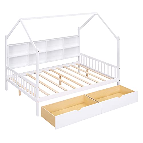 MERITLINE Full Size House Bed for Kids, Wooden Kids Bed Frame with Drawers & House Roof Frame, House-Shaped Bed with Storage Shelf & Slat Support, No Box Spring Needed (White)