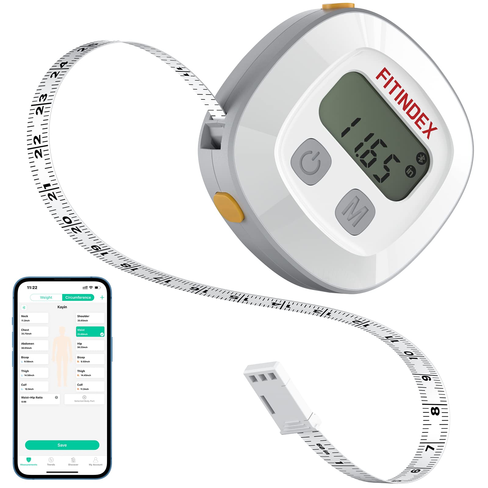 FITINDEX Smart Tape Measure Body, Bluetooth Measuring Tape for Body with App, Accurately Retractable Digital Body Tape Measure for Weight Loss, Fitness, Body Building, inch&cm
