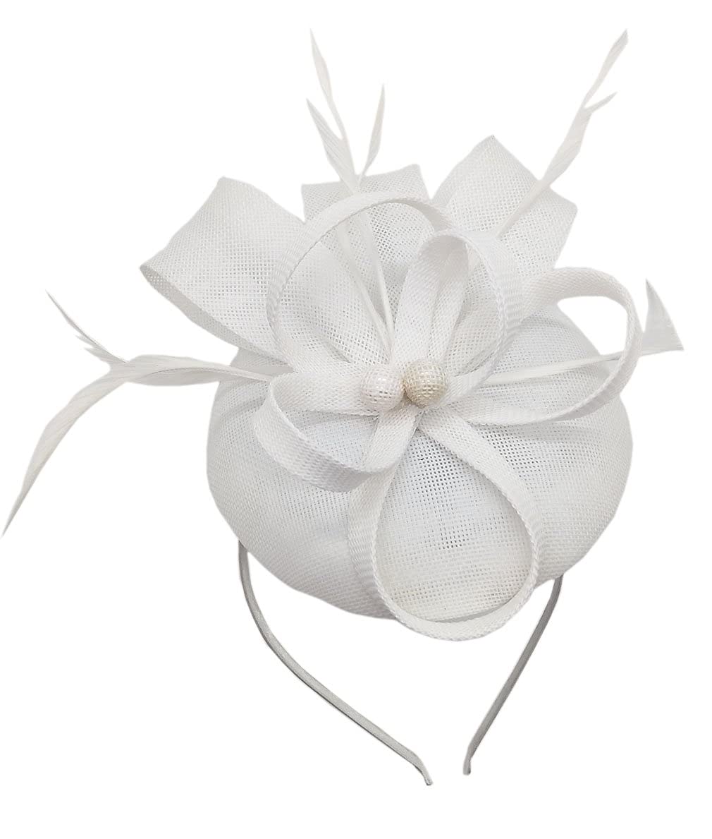 Coolwife Womens Fascinator Hat Sinamay Pillbox Flower Feather Tea Party Derby Wedding Headwear (A White)