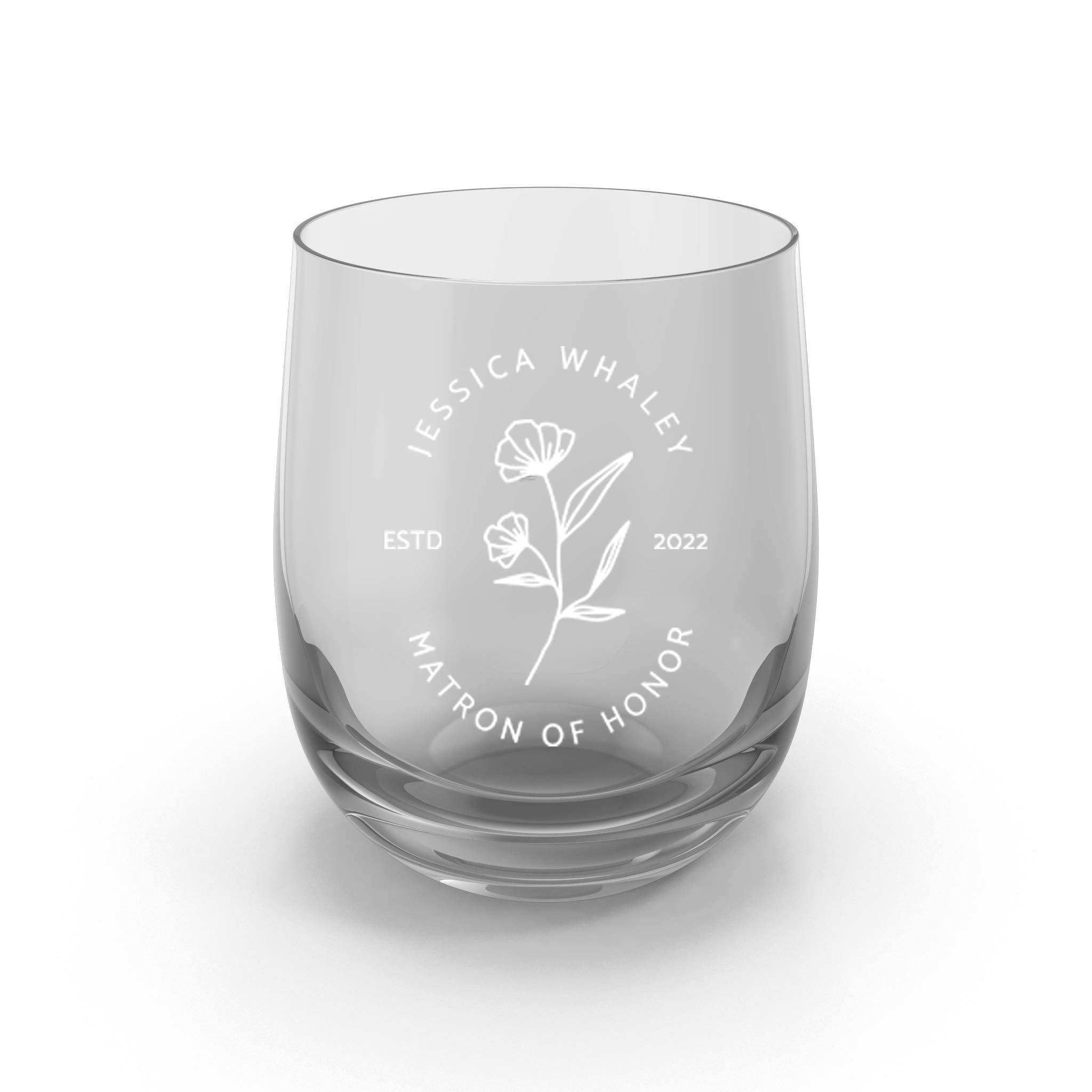 Engraved Stemless Wine Glass Gift for Bachelorette Party - Personalized for your Bridesmaids, Maid of Honor, Matron of Honor, Bridal Party (Flower)